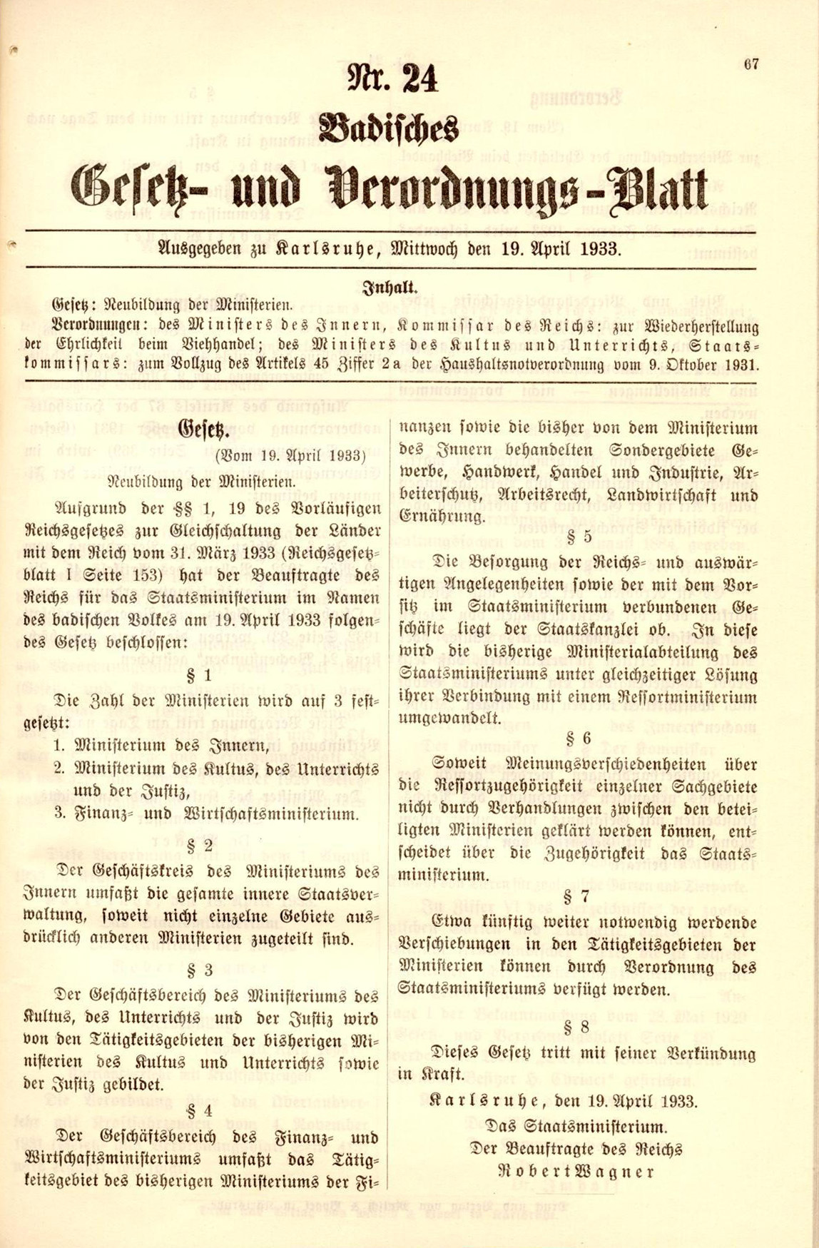 Gesetz Neubildung der Ministerien (Baden) vom 19. April 1933 ...
