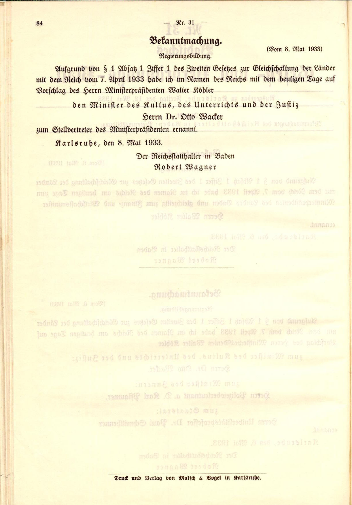 Bekanntmachung Regierungsbildung (Baden) vom 12. Mai 1933 | Geschichte ...