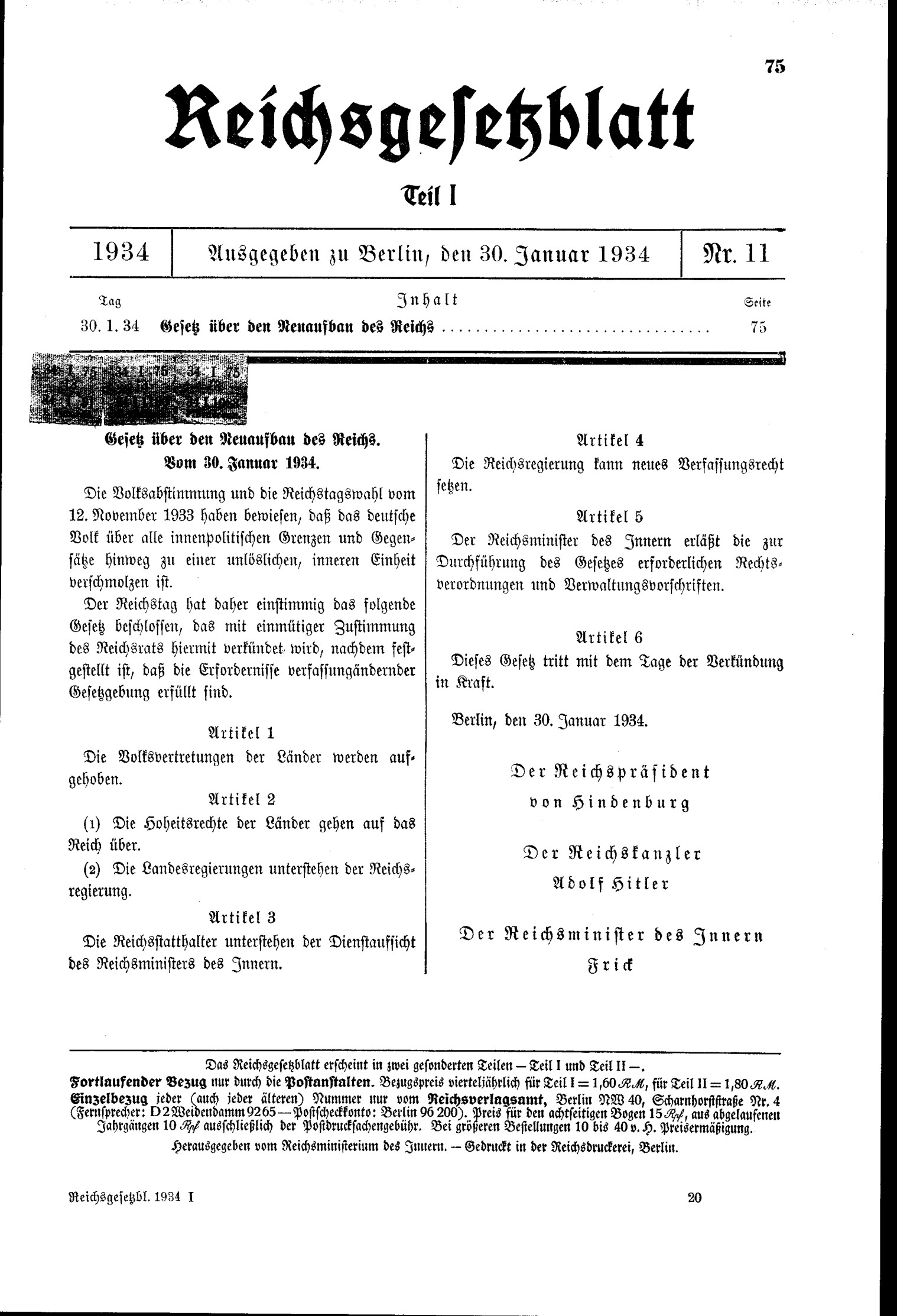 Gesetz über den Neuaufbau des Reiches vom 30. Januar 1934 | Geschichte ...